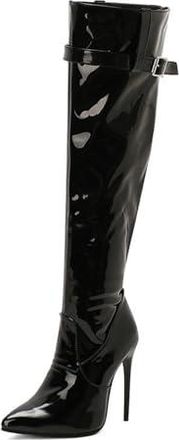 Generic Bottes au-dessus du genou &agrave; bout pointu &agrave; talon aiguille pour femme avec sangle &agrave; boucle et fermeture &eacute;clair &agrave; enfiler Chaussures de danse dhiver en b