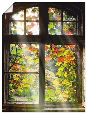 Artland Wanddeko Poster & Kunstdrucke Wandposter 45x60 cm Fensterblick Fenster Herbst Natur Landschaft Altbau Sonne Baum T5XH