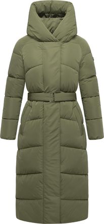 Navahoo Damen Extralanger Wintermantel warmer Steppmantel mit Tailleng&uuml;rtel Eisblick 14 Olive Leaf Gr. S