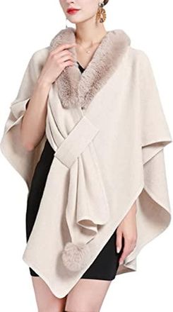 Onsoyours Poncho Châle dhiver Femme Écharpe Cape Épaissie Elégant Chaud Grand Taille Foulard Manteau de Laine avec Col en Fausse Fourrure Douce Châle A Beige Ta