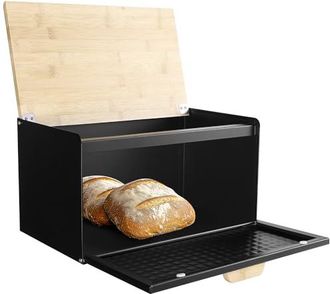Navaris Bo&icirc;te &agrave; Pain Design - Grande Boite &agrave; Pain Rectangle en M&eacute;tal Noir avec Couvercle en Bambou pour Conservation Baguette Brioche Pain de Mie Patisserie G