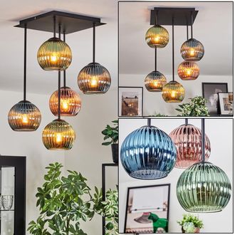 HOFSTEIN Deckenleuchte Koyoto, 5-flammige Deckenlampe aus Metall/Riffelglas in Schwarz/Kupfer/Gr&uuml;n/Blau, Leuchte im Retro/Vintage-Design (Schirme &Oslash; 15 cm), E14