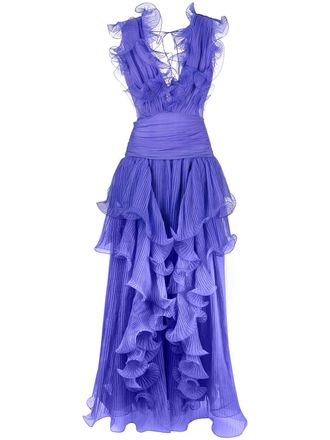 Alberta Ferretti robe longue &agrave; volants - Bleu