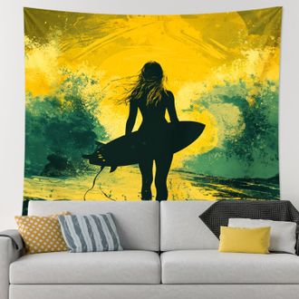 Generic Wandteppich, Motiv: Surfer Girl, gelb-gr&uuml;n, Wellen im Bohemian-Stil, dekorativer Wandbehang, K&uuml;sten&auml;sthetische Wandteppiche f&uuml;r Schlafzimmer, Wohnzimm