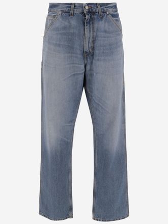 Haikure Mens Navy Washed-Effect Jeans Cotton Trousers
