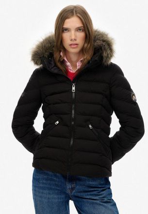 Superdry Steppjacke FUJI FAUX FUR HOOD PADDED JKT mit Markenlabel, Slim Fit, hochschlie&szlig;ender Kragen, aus Webmaterial