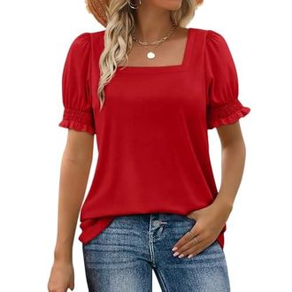 Generic T-shirt d&eacute;contract&eacute; &agrave; col carr&eacute; et manches smock&eacute;es pour femme, haut habill&eacute; et d&eacute;contract&eacute; &agrave; manches volant&eacute;es, Rouge, XXL