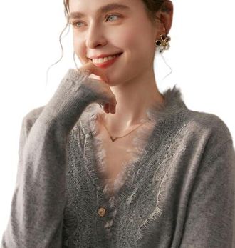 Generic NYSBH - Cardigan en cachemire pur pour femme - Automne/hiver - Pull tricot&eacute; en dentelle unie - Col en V - Pull chaud &agrave; simple boutonnage, gris, M