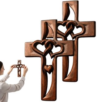 Generic Hand-Carved Intertwined Hearts Wooden Cross, Handmade Wood with Intertwined Hearts, Marriage Cross Wall Decor, Sacred Love Symbol for Wedding, Valenti