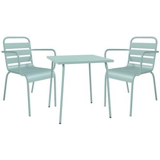 Vente-Unique Salle &agrave; manger de jardin en m&eacute;tal - une table L.70 cm et 2 fauteuils empilables - Vert amande - MIRMANDE de MYLIA