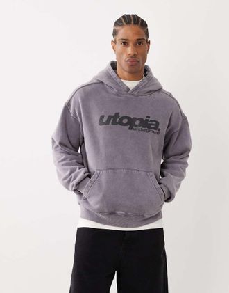 Cotton On Kastiger Kapuzenpullover in Schiefer-Steingrau mit Print
