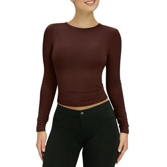 Generic Hauts en coton pour femme - Haut &agrave; manches longues en coton - D&eacute;contract&eacute; - Couleur unie - Col rond - Coupe ajust&eacute;e - Pull extensible et l&eacute;ger, marron