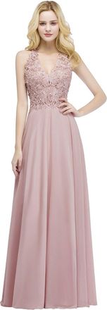 MisShow Misshow Abendkleid, lang, sexy, schick, aus Spitze, mit Perlen, liniert, mit Blumenmuster Gr. 42, Rosa