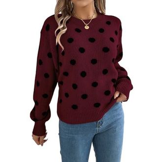 Generic Pull surdimensionné pour femme, haut en tricot à pois avec bordure côtelée pour un confort décontracté et un style rétro, bordeaux, XL
