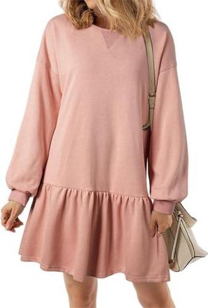 Generic Robe dautomne décontractée en patchwork à col rond pour femme, confortable et mignonne, robe sweat-shirt surdimensionnée à volants plissés, rose, M