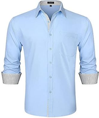 Hisdern Chemise Bleu Clair Homme Manches Longues Regular Fit Chemises Hommes Habillées de Marque Business Casual Chemise avec Poche Repassage Facile,Bleu et B