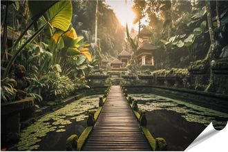 Islandburner XXL Bild Poster Morgenlicht im Dschungeltempel mit Seerosen und Holzsteg in Bali Premium Bilder Fotodruck