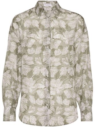 Brunello Cucinelli chemise en soie &agrave; imprim&eacute; v&eacute;g&eacute;tal - Vert
