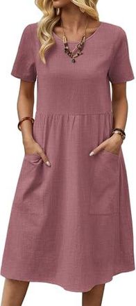Zeagoo Robe dété décontractée en lin pour femme - Col rond - Manches courtes - Avec poches - Taille S à XXL, Rose, L