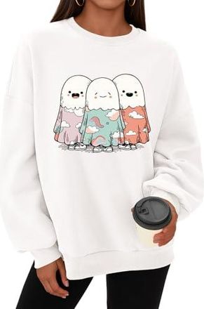 Generic Sweat-shirt dHalloween pour femme, sweat-shirt amusant &agrave; col rond pour Halloween | Chandail &agrave; &eacute;paules tombantes, blanc, XL