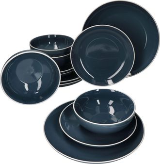 MamboCat Linus blau 12tlg. Teller Set I 4 Personen I dunkelblaues Steingut-Geschirr mit weißer Kante I Je 4x Speiseteller, Bowl-Schalen & Frühstücksteller I ma