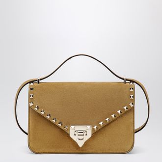 Valentino Garavani Kleine Rockstud Havana Umh&auml;ngetasche aus beigem Veloursleder