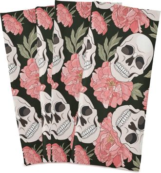 Mnsruu Sugar Skull Pink Pfingstrose Flower Halloween Küchentücher Geschirrtuch Geschirrtuch Geschirrtücher Set von 4 super saugfähig weich 71 x 46 cm