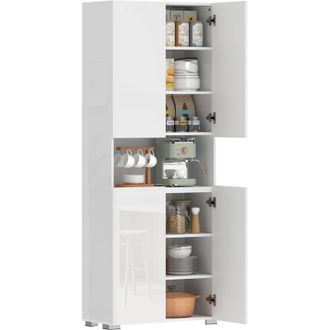 HOMCOM Armoire de cuisine - HOMCOM - 4 portes &agrave; fermeture douce et &eacute;tag&egrave;res r&eacute;glables - MDF - 68x34x180cm - blanc brillant