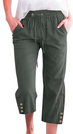 Generic Pantalon 3/4 d&eacute;t&eacute; pour femme - Pantalon en lin pour femme - Pantalon d&eacute;t&eacute; l&eacute;ger avec cordon de serrage - Poches - Taille haute - Pantalon de loisirs -