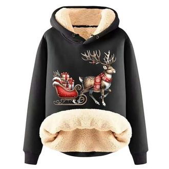 Generic 2026 Printemps &Agrave; La Mode De No&euml;l Imprim&eacute; Cerf Femmes Automne Et Hiver Plus Velours &Eacute;paissi Chaud Cardigan Pull &agrave; Capuche Agneau, Noir, 5XL