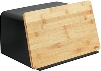 WENKO Wenko Boite à pain avec couvercle en bambou Kubo noir, rangement pour le pain, avec couvercle planche à découper en bambou, Plastique - Bambou, 35x20,