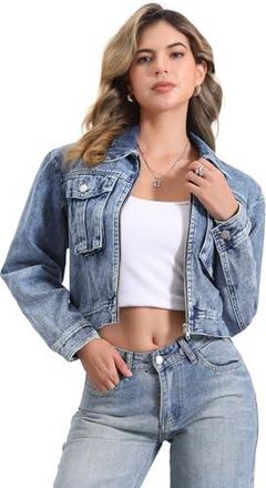 Allegra K Veste en Jean Femme Décontractée Blouson en Denim Délavé à Fermeture Éclair et à Manches Longues Veste Courte avec Poches Vintage Bleu Délavé XL
