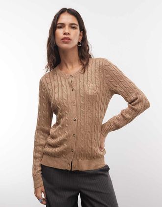 Ralph Lauren gilet en maille torsad&eacute;e en coton &agrave; logo camel-Marron
