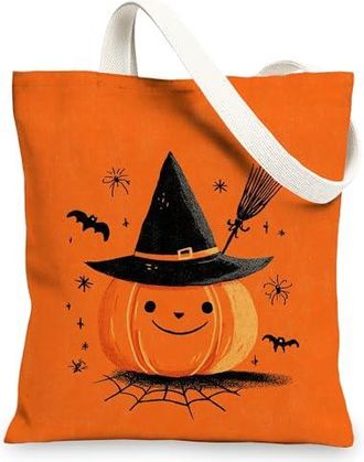 Generic Sacs fourre-tout en toile en forme de citrouille dHalloween, motif sorcière, sacs dépicerie réutilisables, amusants, festifs, légers, lavables, Orange