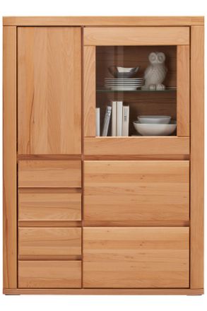 Voleo Highboard, Kernbuche, Holz, Glas, Holzwerkstoff, Kernbuche, massiv, 3 F&auml;cher, 4 Schubladen, 98.4x139.6x37.7 cm, Beim&ouml;bel erh&auml;ltlich, stehend, Holzm&ouml;be