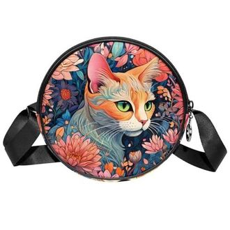 Generic Sac &agrave; bandouli&egrave;re rond rond pour femme, motif chat color&eacute;, avec fermeture &eacute;clair, bretelles r&eacute;glables, style d&eacute;contract&eacute;