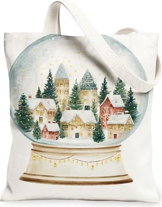 Generic Sac fourre-tout en toile avec motif boule à neige, village dhiver, sacs de courses réutilisables, confortables, festifs, légers et lavables pour lexté