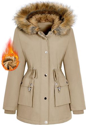 Heekpek Damen Wintermantel Warm Wasserdichter Gef&uuml;ttert Winterjacke Damen Mittellange Winterparka mit Verstellbarer Taille und Abnehmbare Zierleiste, XL, Khak