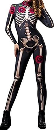 Onsoyours Combinaison Noire pour Adulte Motif Squelette Imprim&eacute; Roses Costume dhalloween Costume dos Doux Costume Cosplay Combinaison pour Les Femmes Fille A No