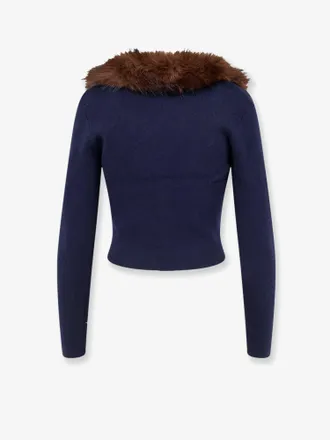 Self Portrait Womens Cardigan With Faux Fur Trim Blue Wool Sweater