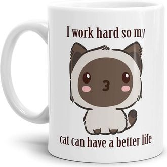 Tassendruck Katzen-Tasse mit Spruch I Work Hard Geschenk-Artikel/Haustier/Kaffeetasse/Teetasse/Mug/Cup/Weiss