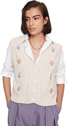 Trendyol Gilet en Tricot à col en V Sweater, Stone, S Femme