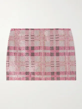 Self Portrait Mini-jupe En Faille Et En Cotte De Mailles À Carreaux Et À Cristaux - Rose