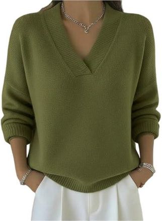Generic QXDZSW Pull en tricot Top Pull Femme Top Manches Longues Couleur unie Col V Quotidien Multicolore R&eacute;seau Celebrity, vert militaire, XXL