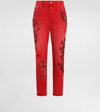 Dolce & Gabbana Denimhose Aus Baumwoll-denim Mit Kristallapplikationen - Mann Jeans Red 44