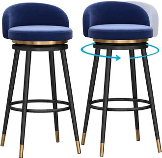 Generic Set Aus 2 Drehbaren Thekenhockern Mit Samtpolsterung Und R&uuml;ckenlehne - Blau, 65 cm Sitzh&ouml;he(2 Pcs Blue-Black Leg)