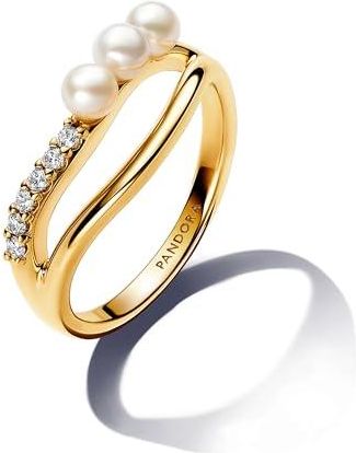 Pandora Pandora Essence Bague en métal plaqué or 14 carats avec perle de culture deau douce traitée blanche et zircones cubiques transparentes, taille 56