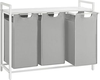 Vasagle Panier &agrave; Linge 3 Compartiments, Corbeille &agrave; Linge, avec &Eacute;tag&egrave;re, Cadre en M&eacute;tal, Sac Amovible en Tissu Oxford, 3 x 38 l, 92,5 x 33 x 72 cm, Gris