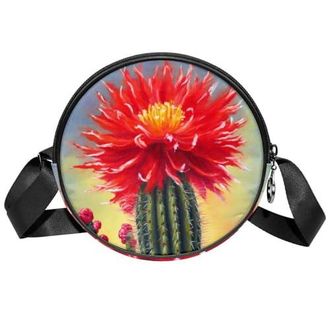 Generic Sac &agrave; bandouli&egrave;re rond pour femme, motif cactus rouge, petit sac &agrave; bandouli&egrave;re avec fermeture &eacute;clair, bretelles r&eacute;glables, sac &agrave; main rond d&eacute;contract&eacute;