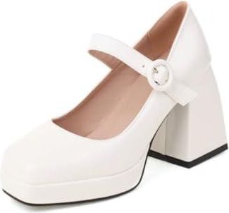 Generic Femmes Bout carré Soirée Plateforme Talons Cheville Sangle Bureau & Brunch Chaussures Talon Bloc Rétro Mary Janes,Blanc,44 EU